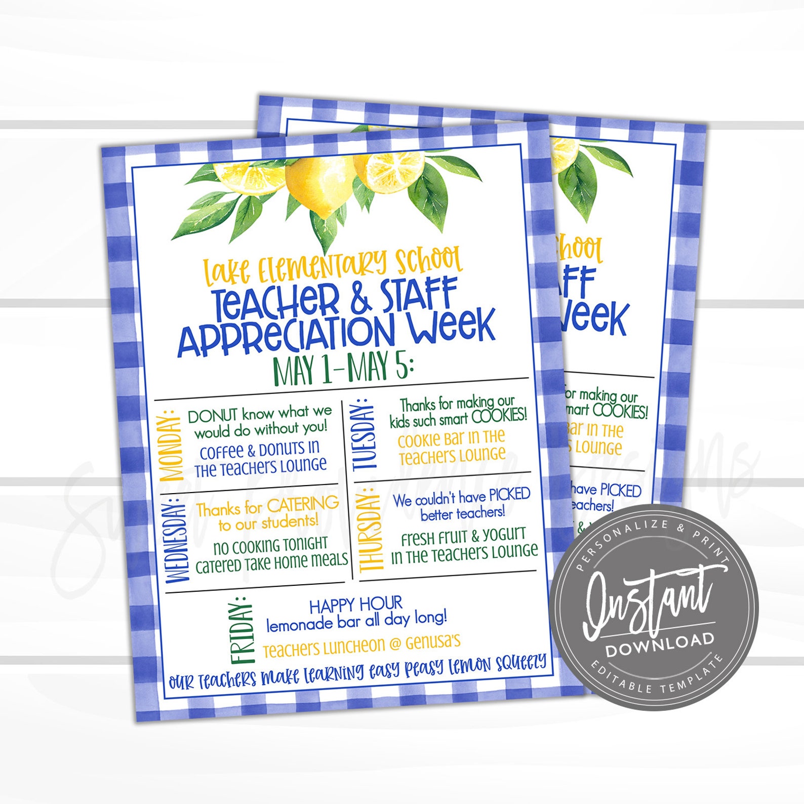 EDITABLE Teacher Appreciation Week Itinerary, Printable Lemon Digital ...