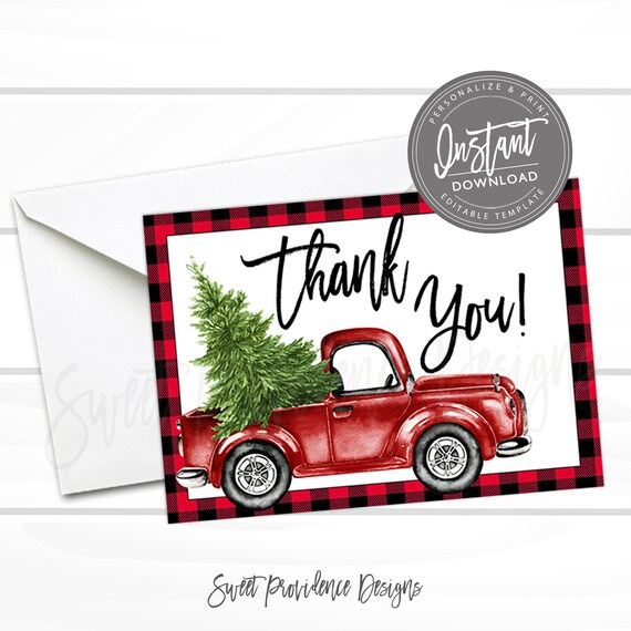 Red Truck Holiday Thank You Card, Printable Thank you Cards, Editable ...