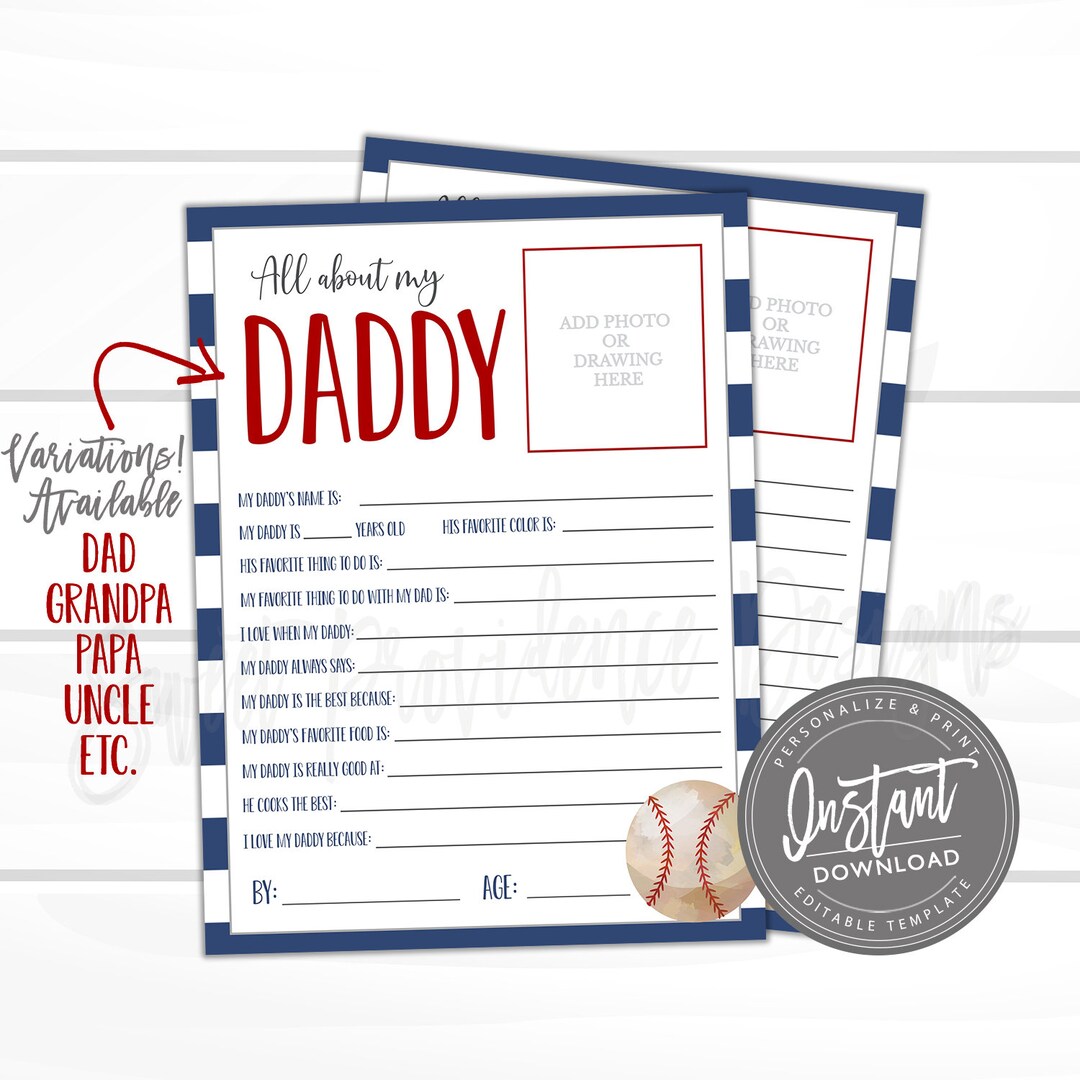 Fathers Day Questionnaire, EDITABLE All About Daddy, Baseball Theme ...