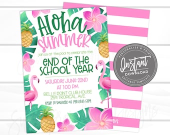 Aloha Summer Pool Party Invitation, End of School Party Invite, Splish ...
