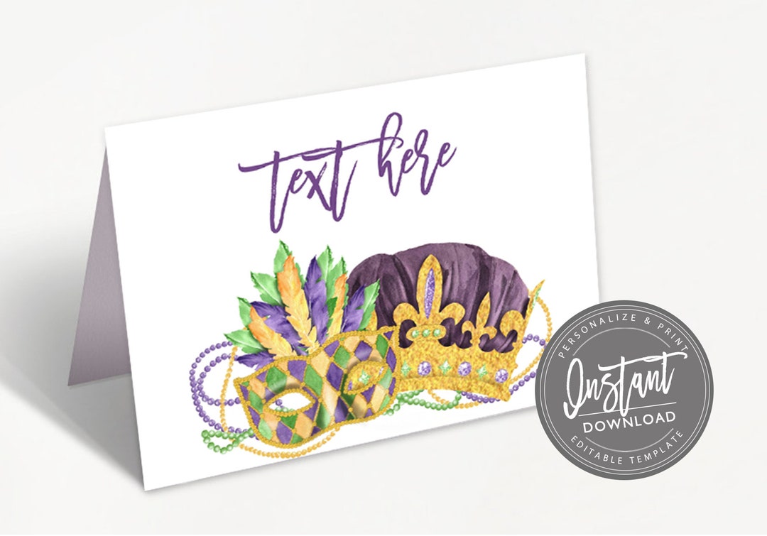 Mardi Gras Food Tent, Editable Name Place Cards, Masquerade Folded Tent ...
