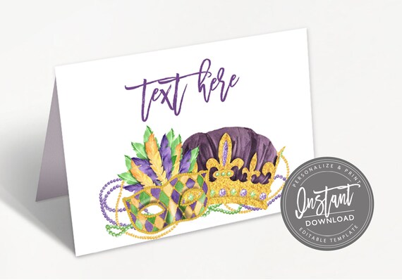 Mardi Gras Food Tent, Editable Name Place Cards, Masquerade Folded tent ...