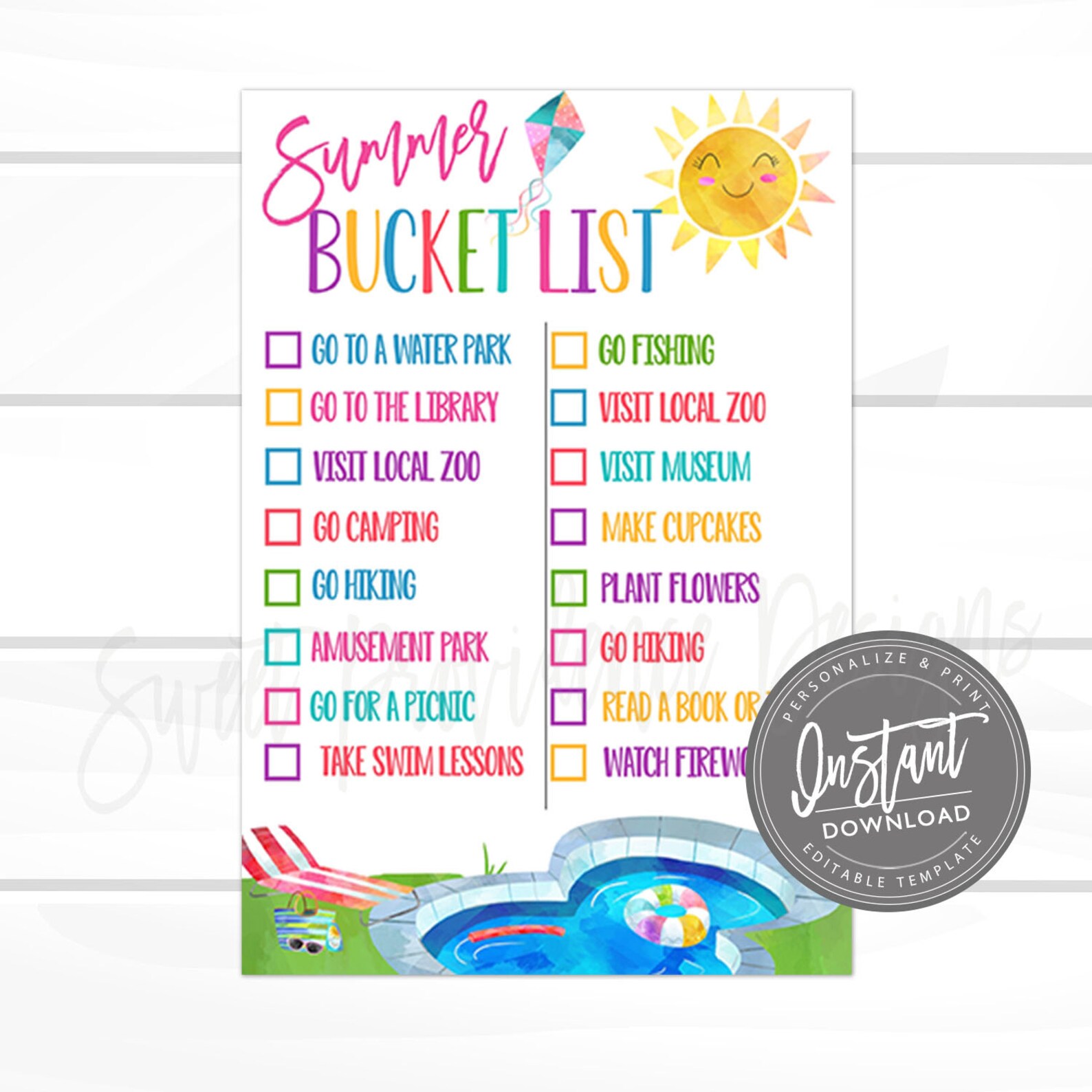 EDITABLE Summer Bucket List, Summer Activity Checklist, Summer to Do ...