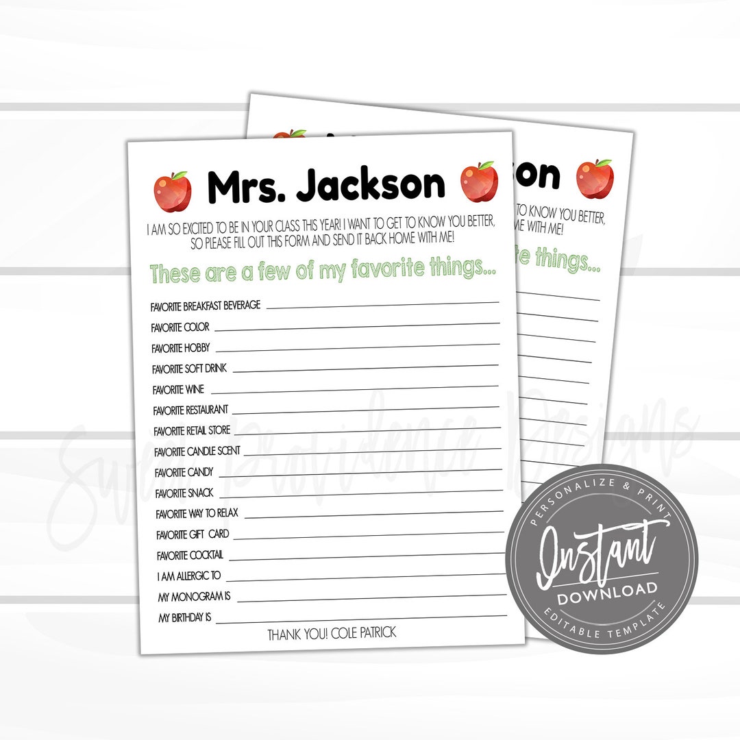 Teacher Wish List Questionnaire, Printable Teacher's Favorite Things ...