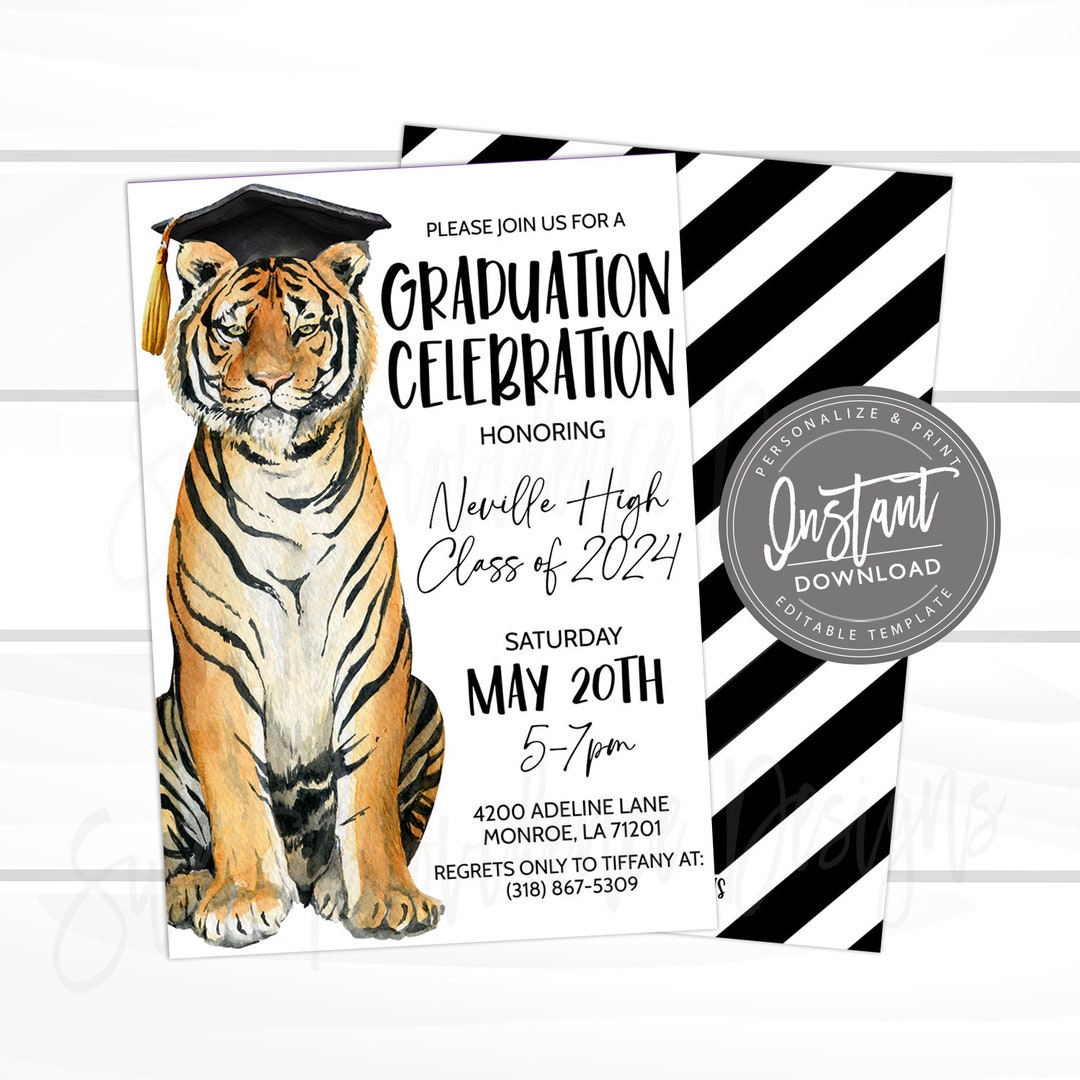 Tiger Graduation Invitation, Grad Party Invite, Editable Tiger Mascot ...