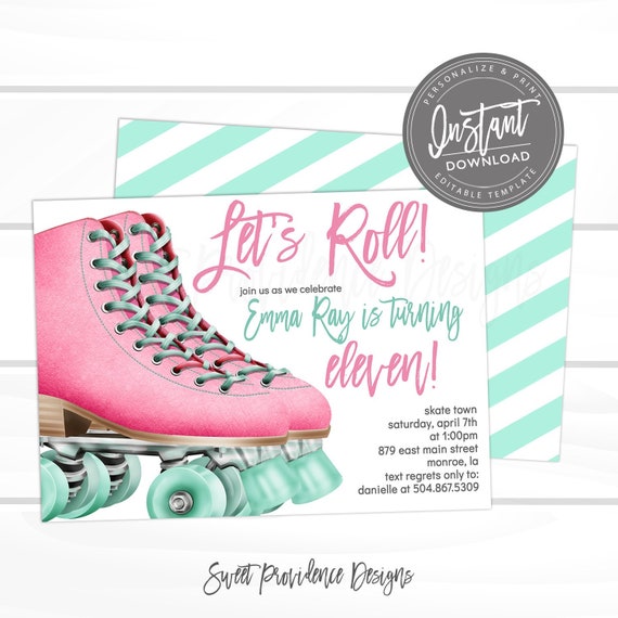 Let's Roll Skate Invitation, Skating Birthday Invite, Girl Roller Skate ...