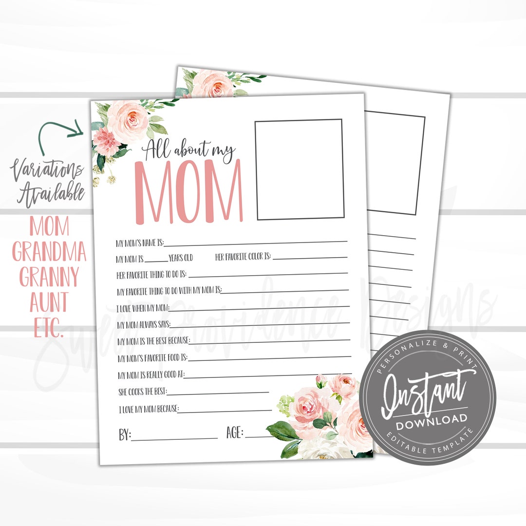 Mother's Day Card, EDITABLE All About Mom, Survey Questions for Kids ...