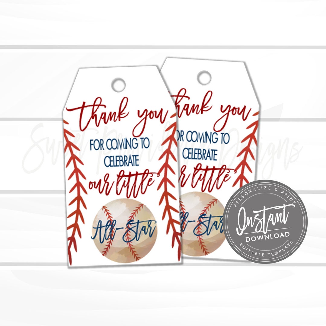Baseball Printable Gift Tag, Thanks You Baseball Party Favor Tag, All ...
