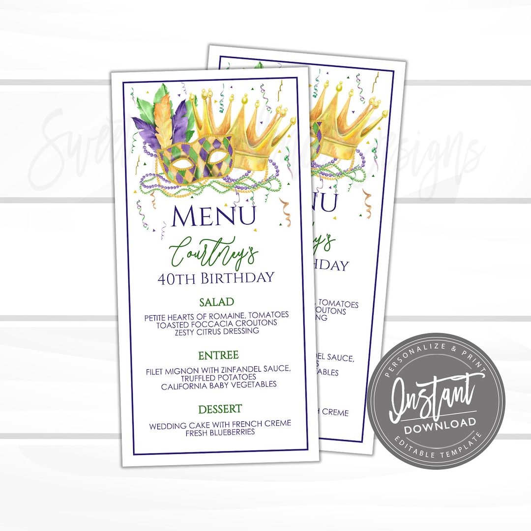 Mardi Gras Menu Card, Masquerade Ball Menu, Editable Mardi Gras Menu ...