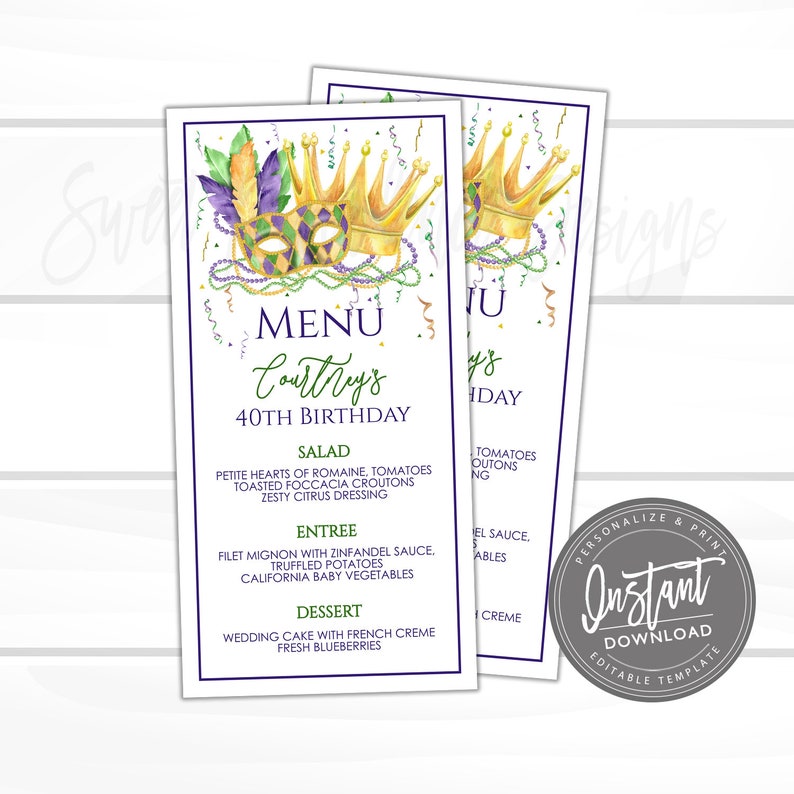 Mardi Gras Menu Card Masquerade Ball Menu Editable Mardi - Etsy