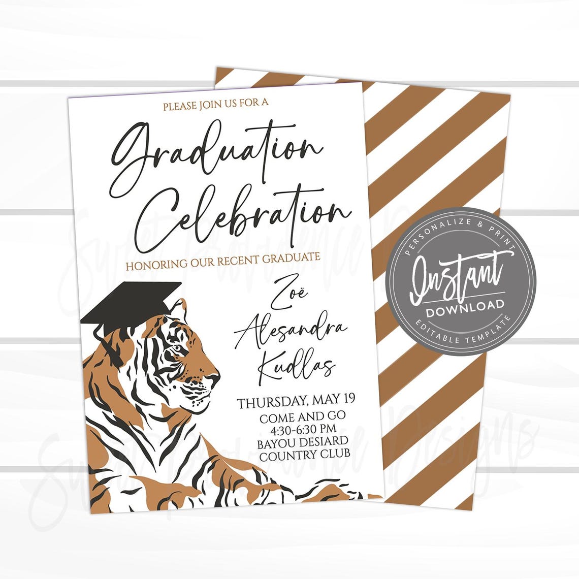 Tiger Graduation Invitation, Grad Party Invite, Editable Tiger Mascot ...