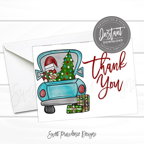 Thank You Card, Editable Holiday Blue Truck Thank You Card, Instant ...