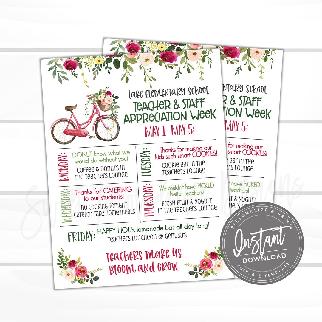 EDITABLE Teacher Appreciation Week Itinerary, Printable Digital File ...