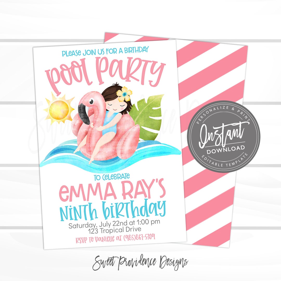 Editable Pool Party Invitation, Girl Summer Birthday Party, Girl ...