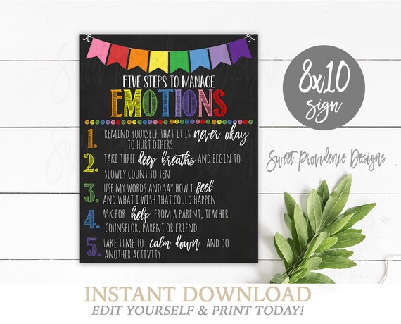 Classroom decor, School Counselor Sign, 5 Steps to Manage Emotions ...