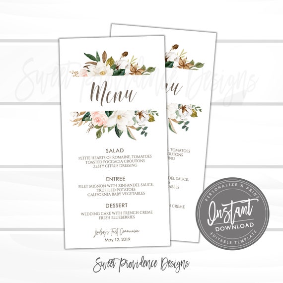 Cotton Gold Floral Menu Card, Communion Menu, Editable Communion Menu ...