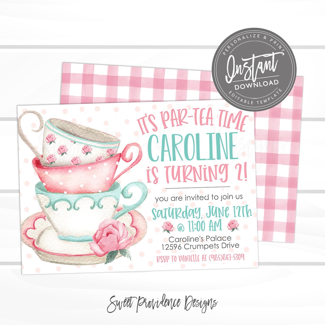 Tea Birthday Party Invitation, Kids Birthday Par-tea Invite, Pink ...