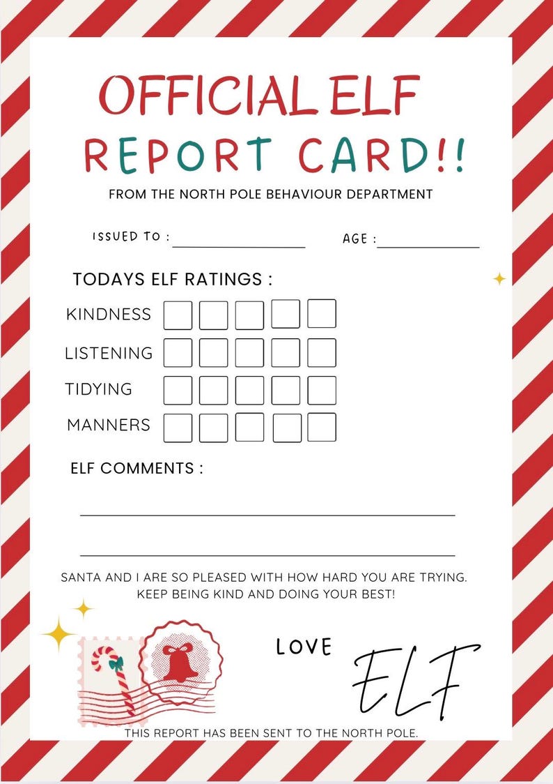 Elf Report Card Printable | Christmas Behavior Reward (digital Download ...