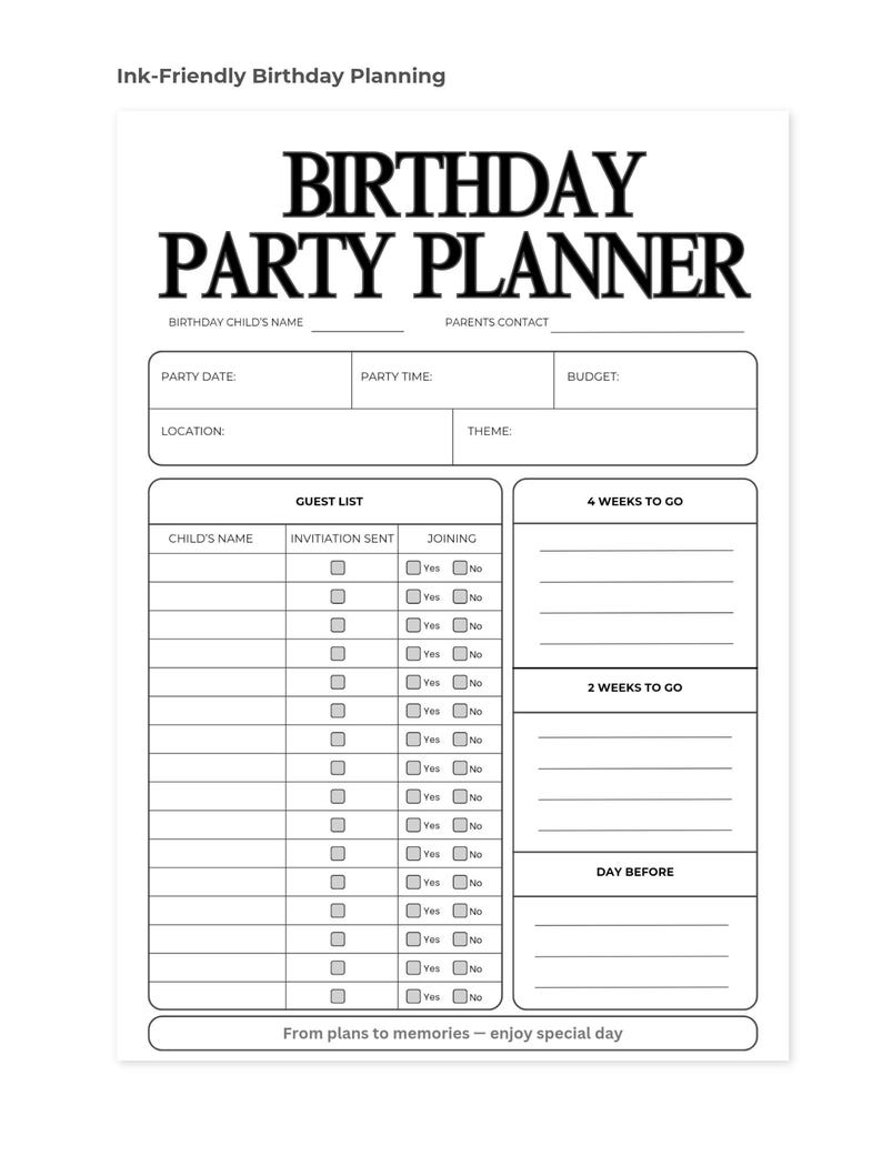 Kids Birthday Party Planner | Ink Friendly Organizer (digital Download ...
