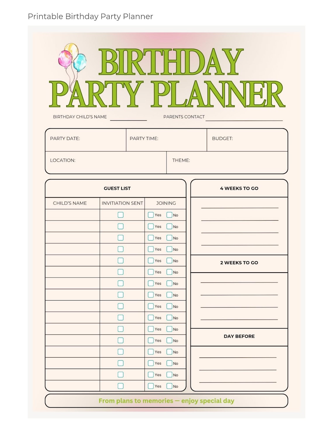 Printable Kids Birthday Party Planner | Pastel Birthday Organizer for ...