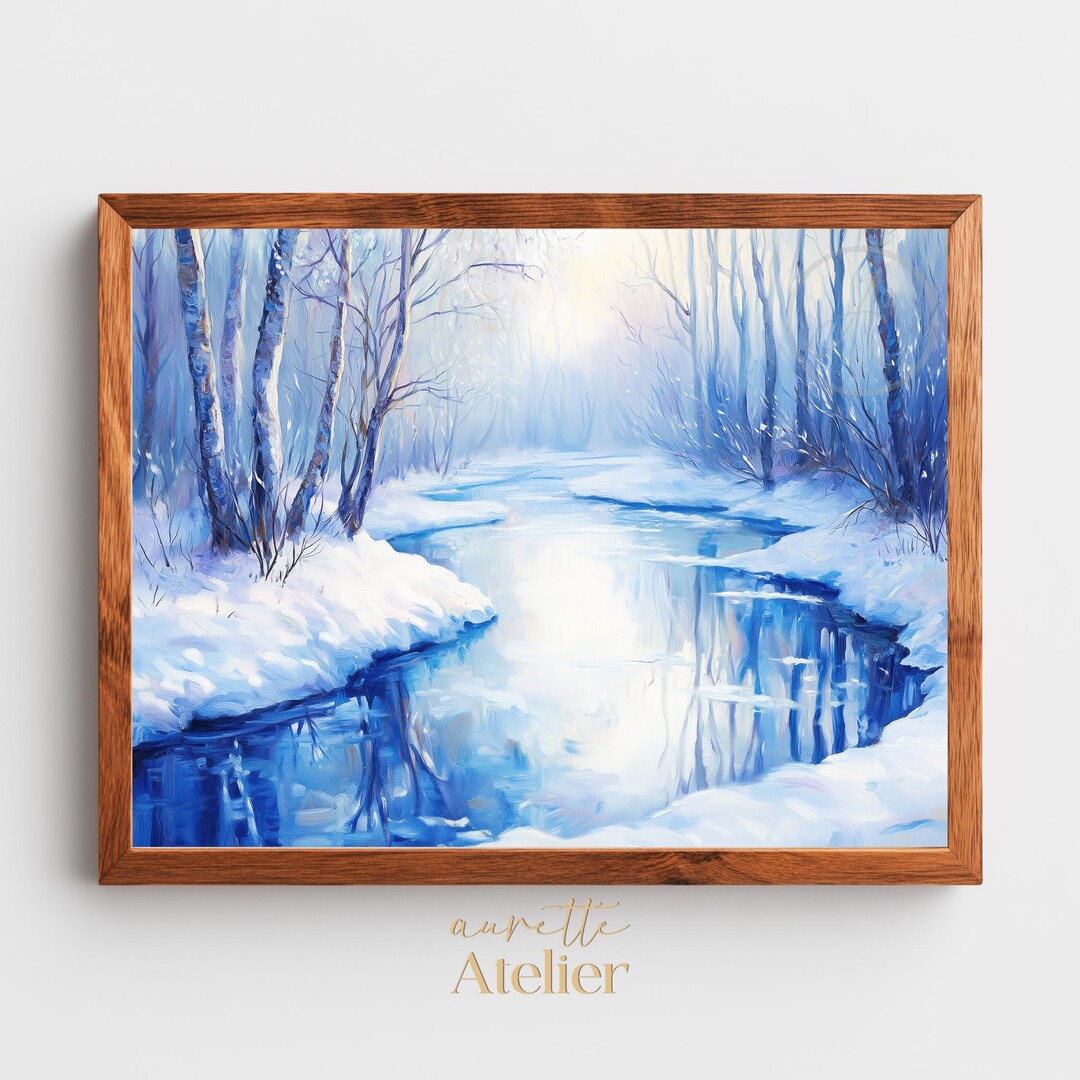 Moody Winter Landscape Printable Art - Frozen River and Snow-covered ...