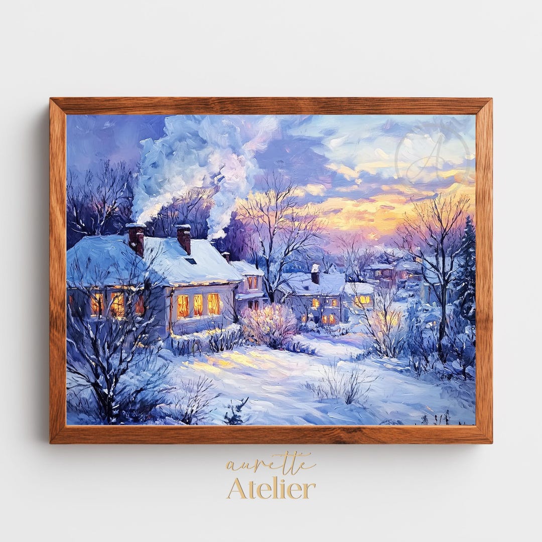 Printable Snowy Village Scene - Cozy Winter Landscape With Rustic ...