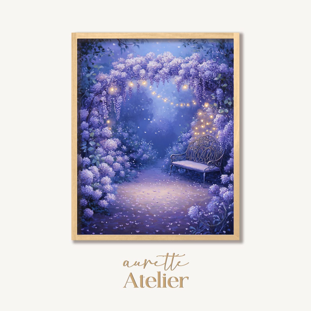 Vintage Lilac Garden in Moonlight Oil Painting - Romantic Cottagecore ...