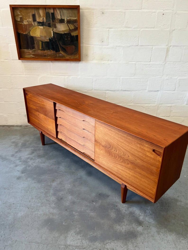 Walnut Mid-century TV Console With Fluted Cabinets & Open Shelves ...