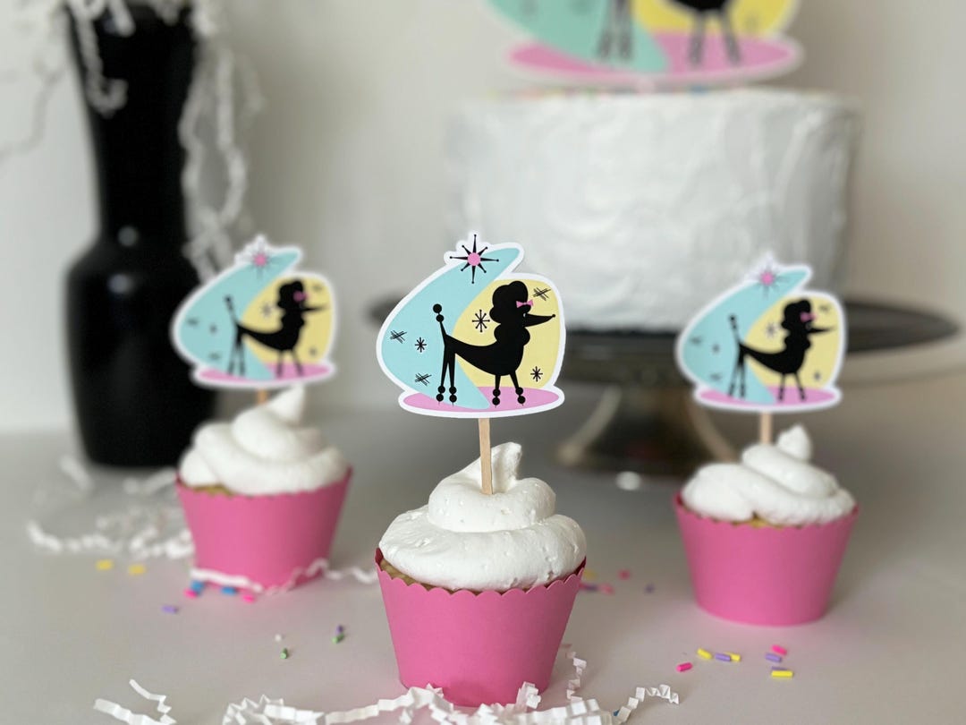 Poodle Cupcake Toppers Set of 12, Retro Atomic Black Poodle Cupcake ...