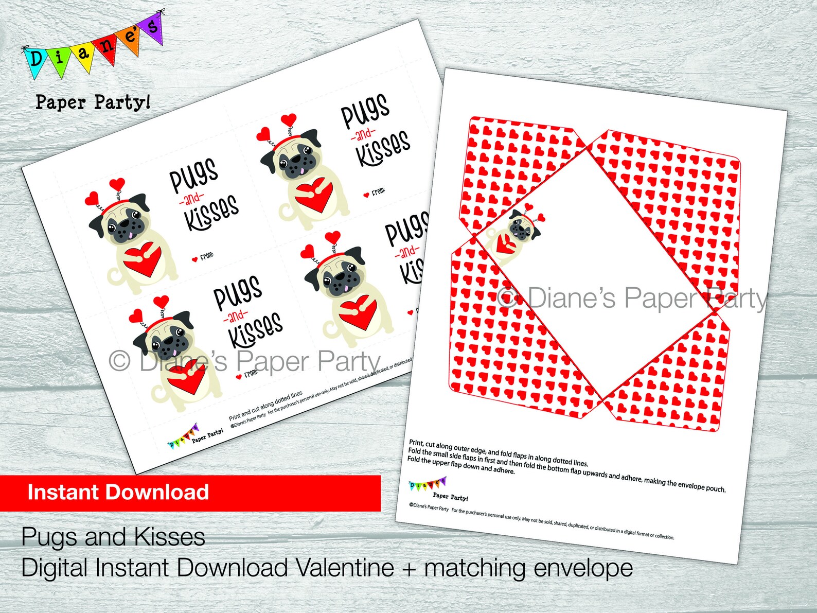 Pug Valentine Card Pugs and Kisses Valentine Card Printable - Etsy
