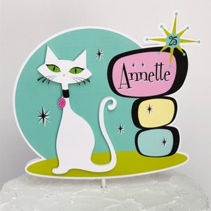 Retro Atomic Cat Cake Topper, Personalized Mid Century Modern Birthday ...
