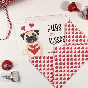 Pug Valentine Card, Pugs and Kisses Valentine Card, Printable DIY Card ...