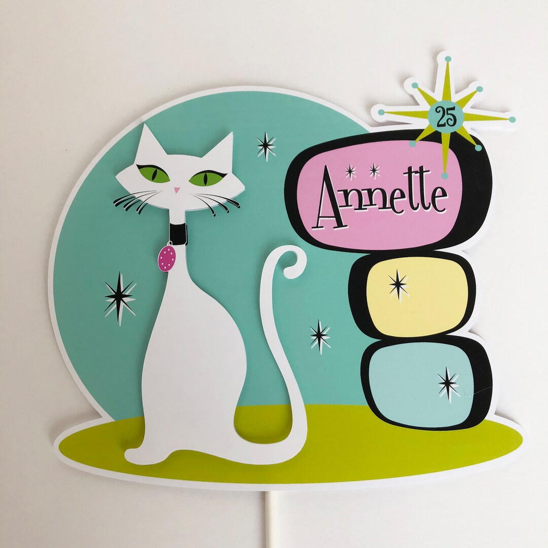 Retro Atomic Cat Cake Topper, Personalized Mid Century Modern White Cat ...