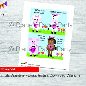 Farm Animals Valentine Card, Classroom Valentines, Instant Download ...