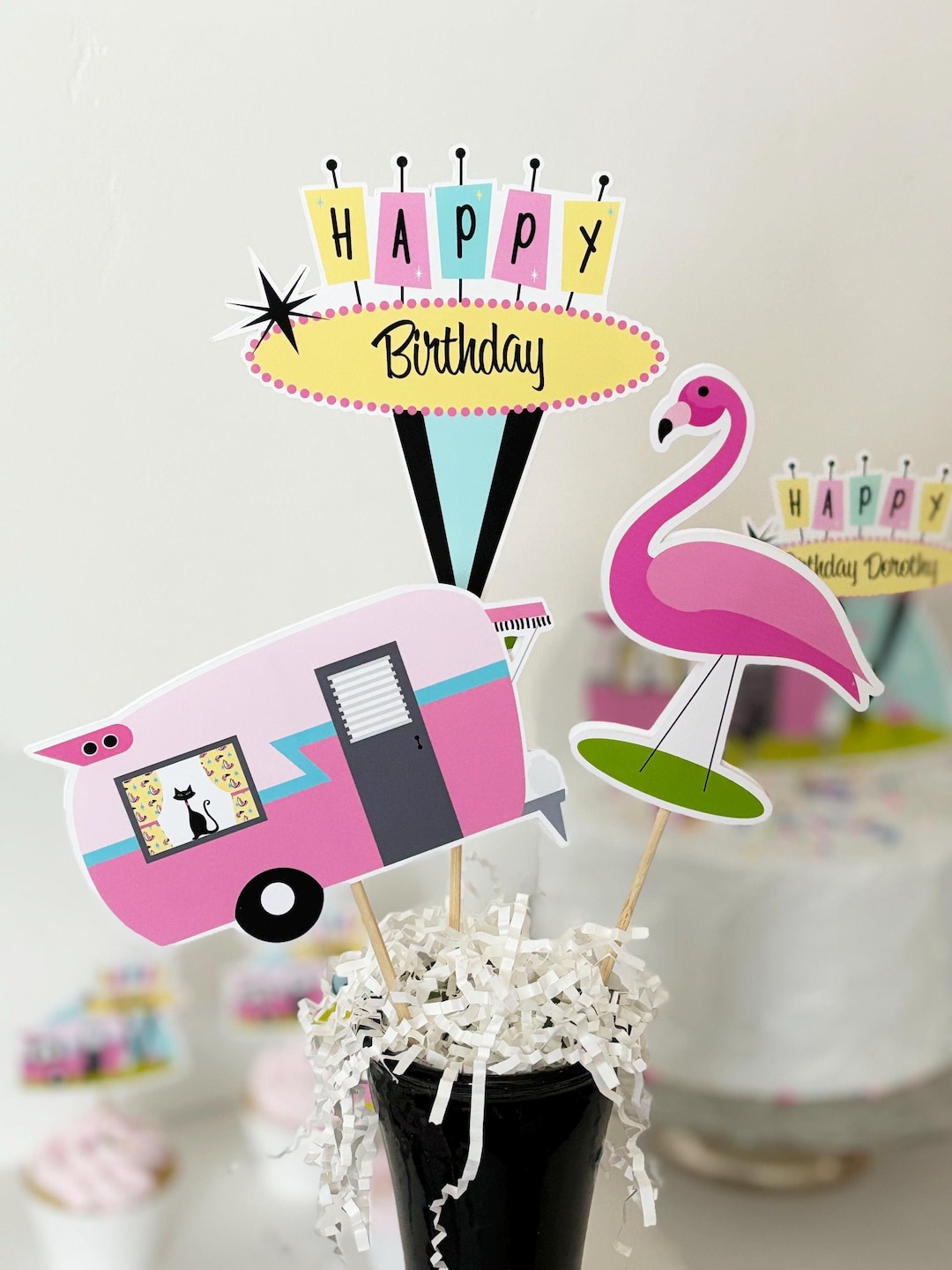 Pink Camper Trailer Centerpiece Set, Retro Birthday Party Decor (3 ...