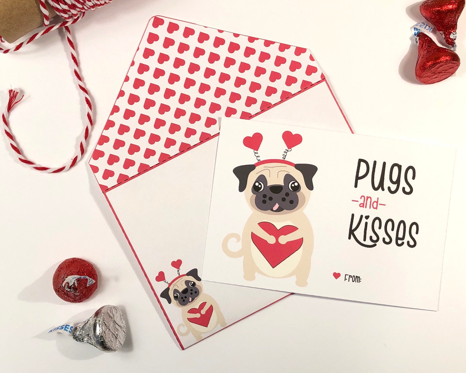 Pug Valentine Card Pugs and Kisses Valentine Card Printable - Etsy