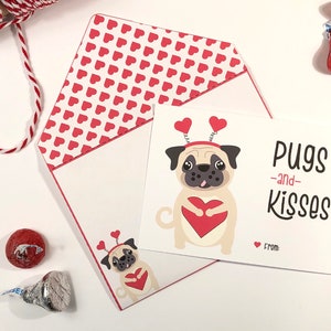 Pug Valentine Card, Pugs and Kisses Valentine Card, Printable DIY Card ...