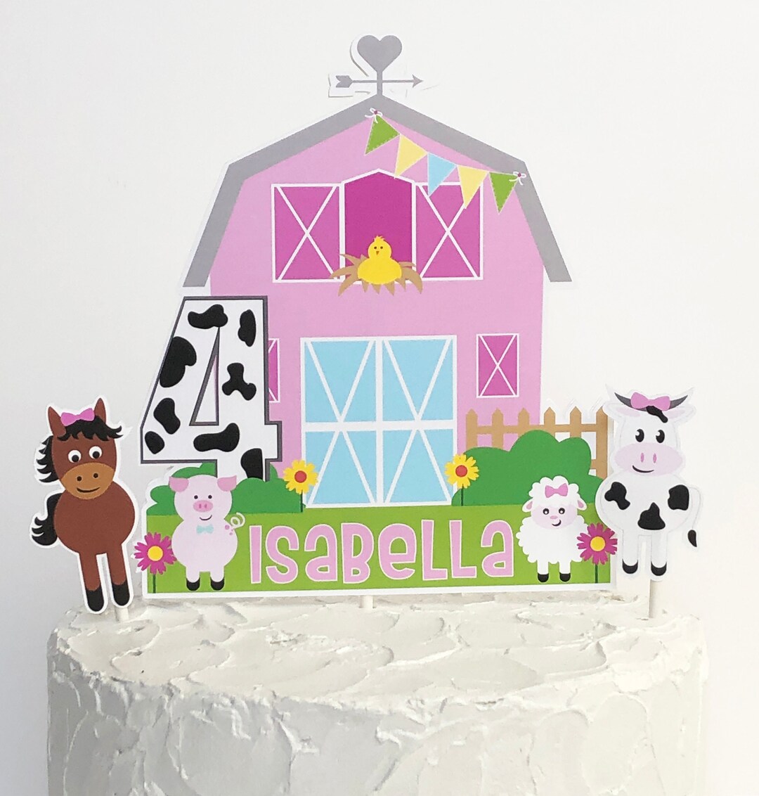 Pink Barn Cake Topper, Personalized, With Farm Animals for Barnyard ...