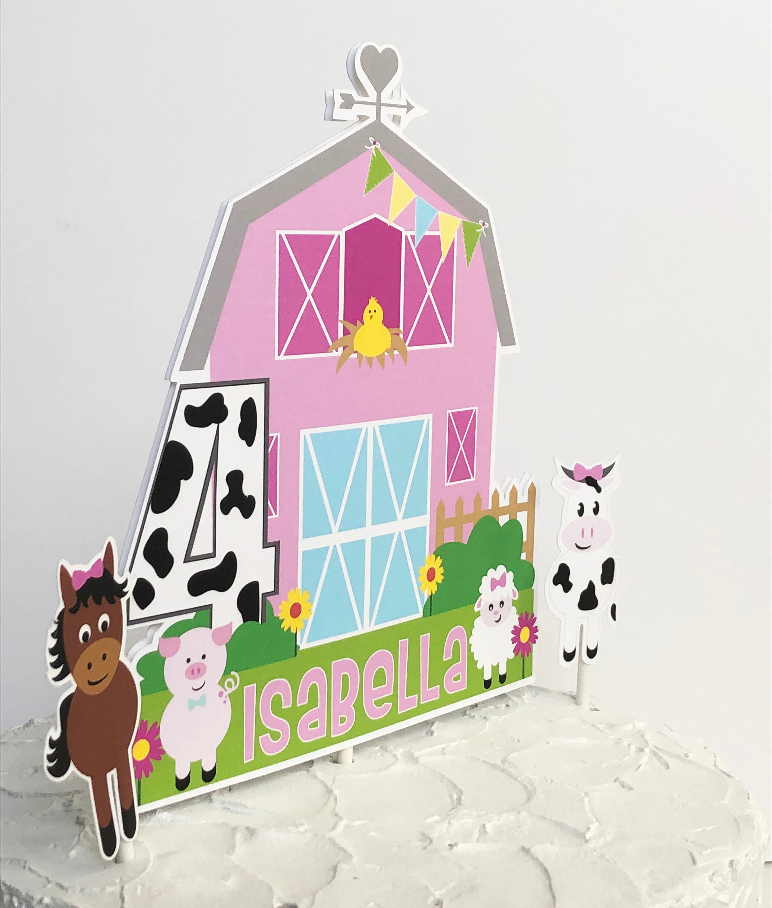 Pink Barn Cake Topper, Personalized, With Farm Animals for Barnyard ...