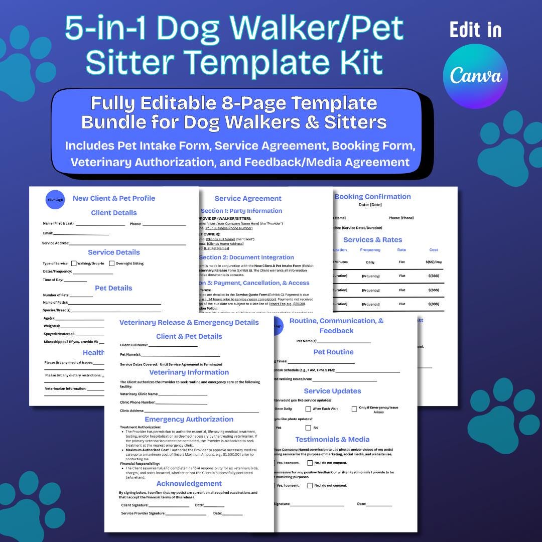 5-in-1 Dog Walker & Pet Sitter Forms | Editable Canva Templates ...