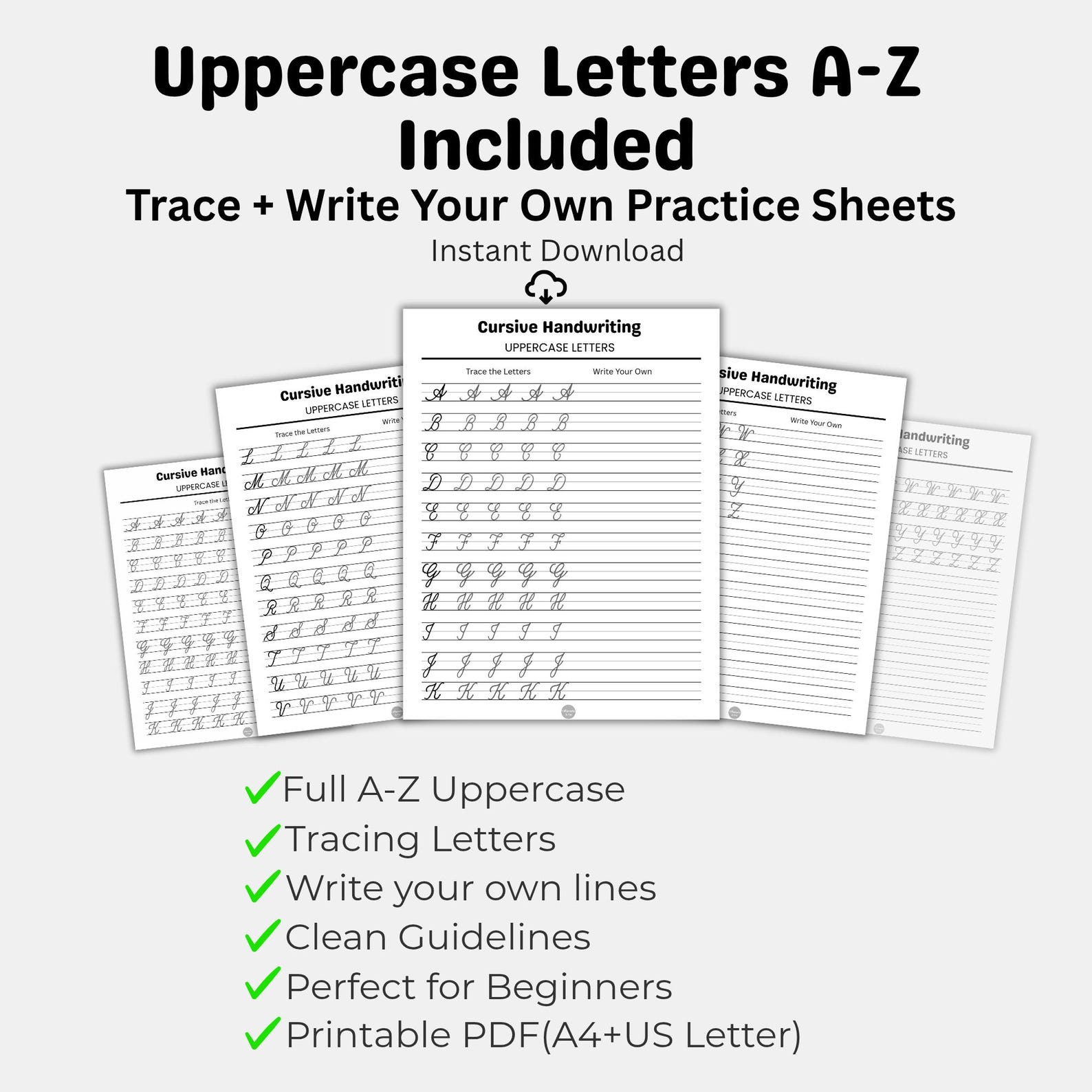 Cursive Handwriting Practice Worksheets – A-Z Tracing Workbook (PDF) - Etsy