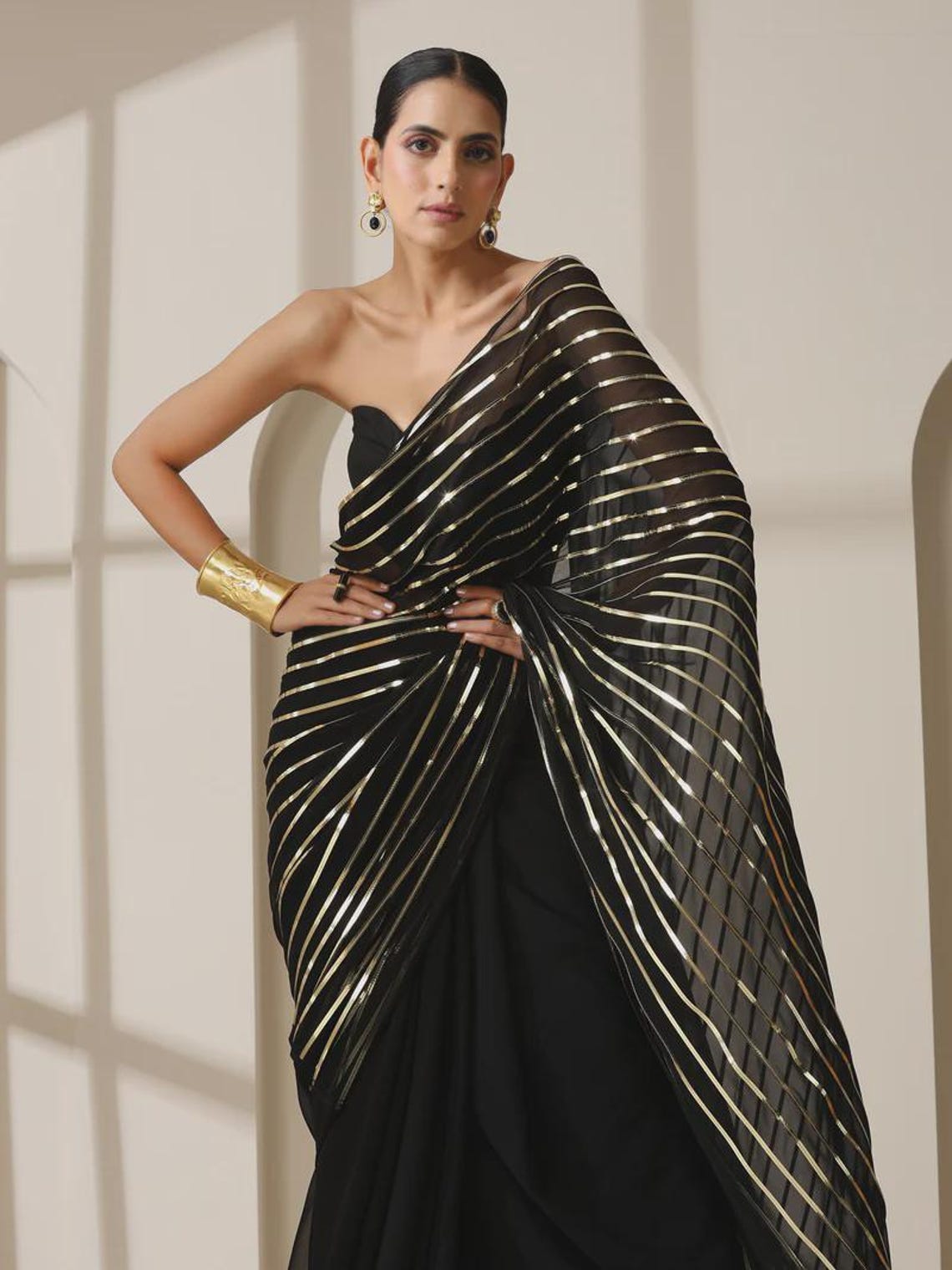 Heavy Look Designer Black and Gold Georgette Saree, Party Wear Soft ...