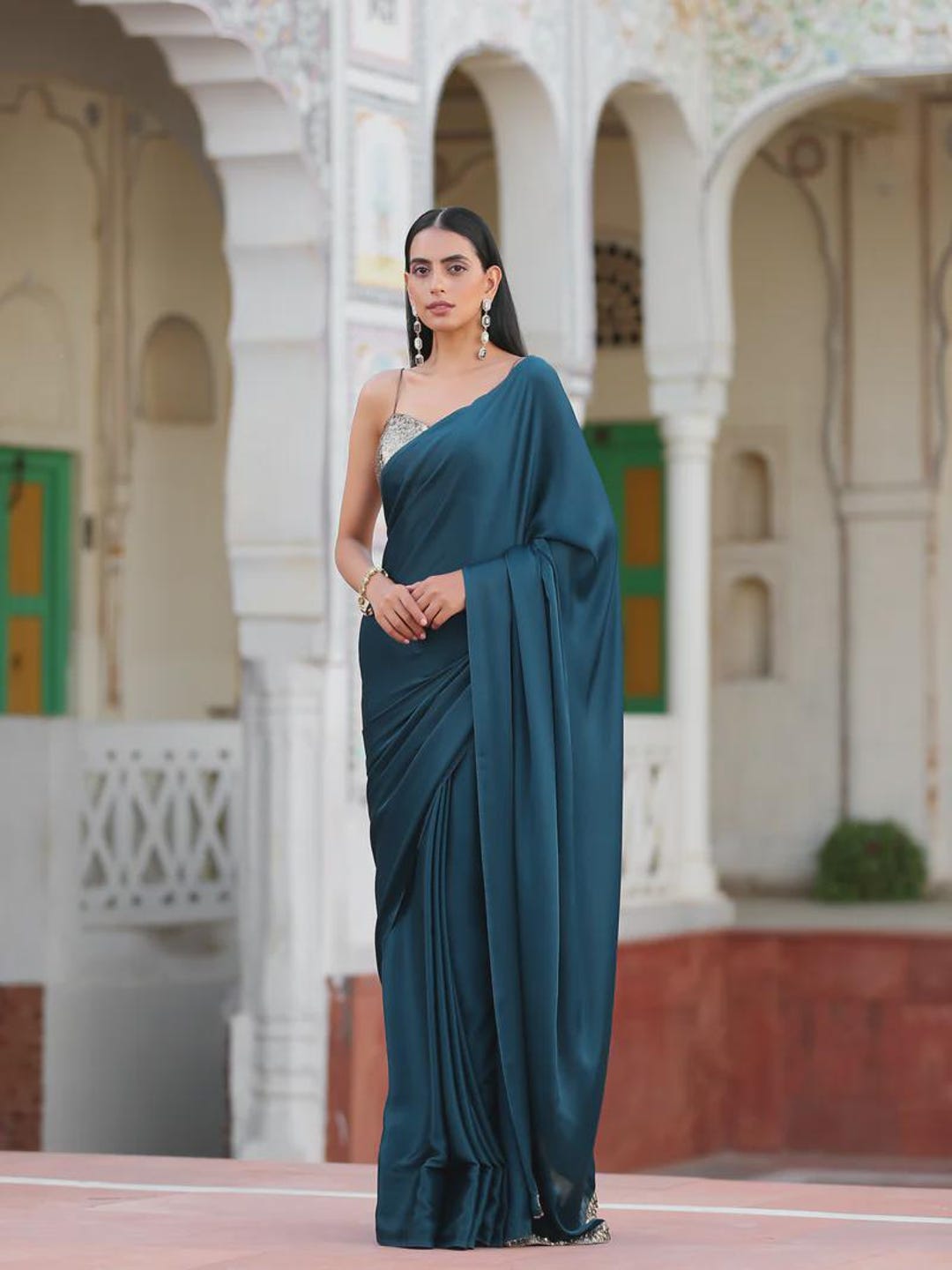 Beautiful Blue Satin Saree With Bronze Sequence Lace, Party Wear Sari ...