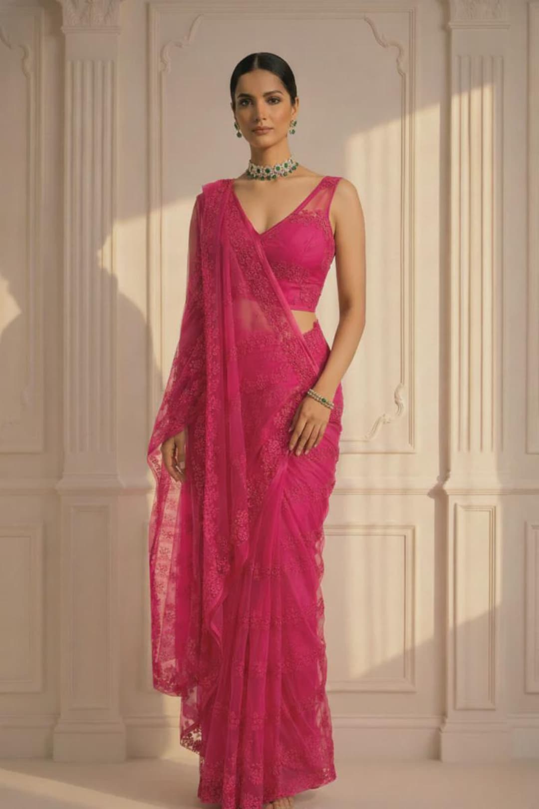 Pink Stripe Lace Saree With Sequin Work & Blouse, Fancy Wedding ...