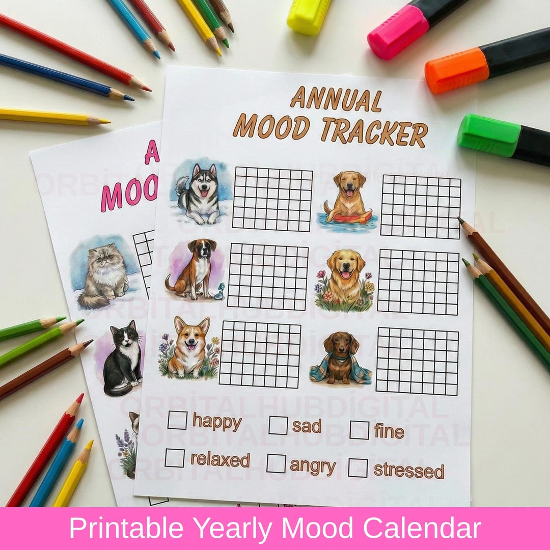 Annual Mood Tracker Printable With Cats, Dogs, Yearly Calendar, Pet ...
