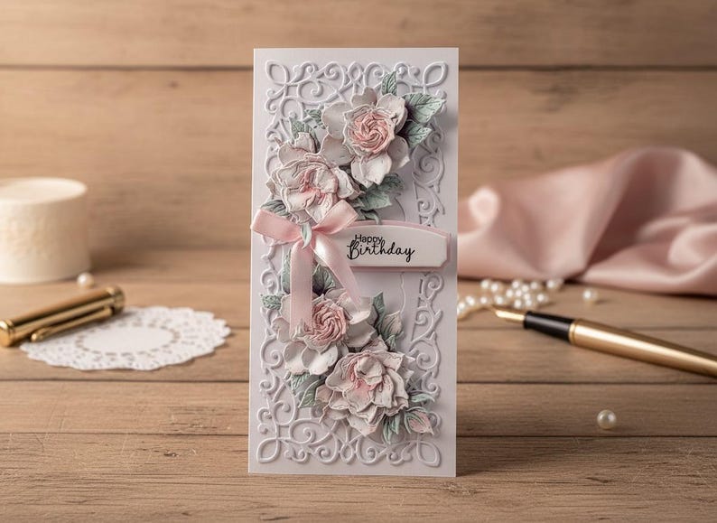 Handmade 3D Floral Birthday Card, Elegant Rose Ribbon Bow, Romantic ...