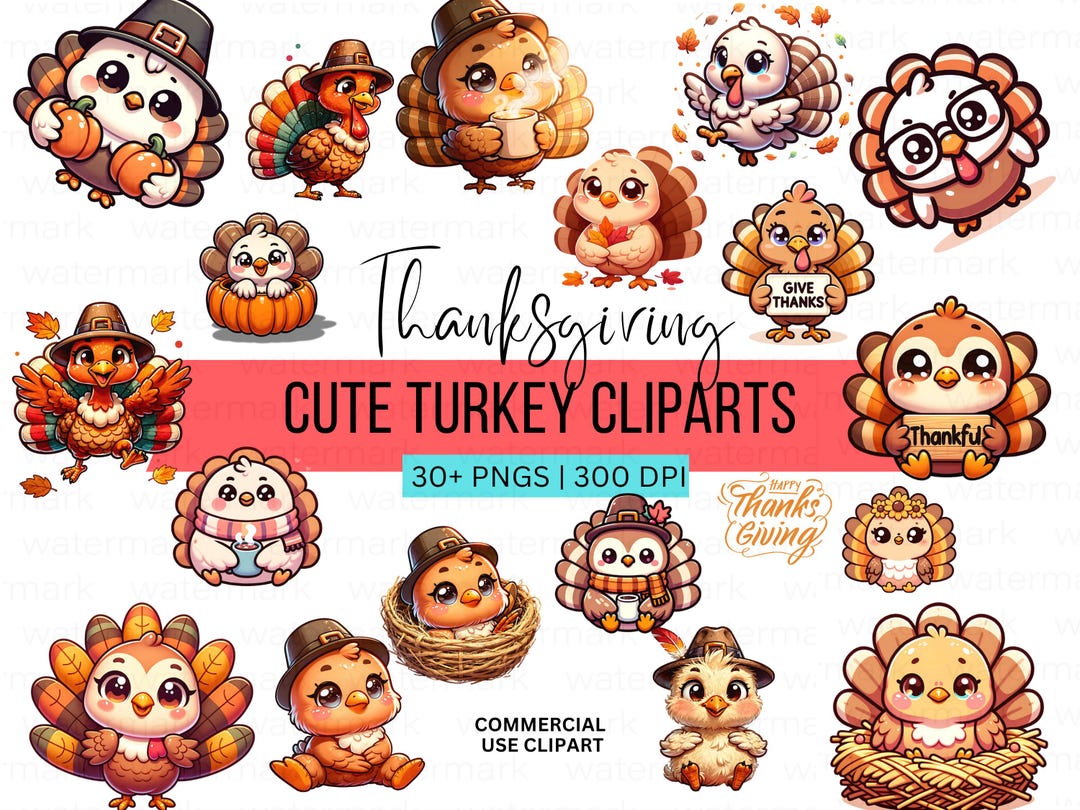Cute Thanksgiving Turkey Clipart, Baby Turkey Cartoon PNG Set, Autumn ...