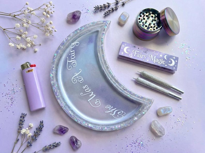 She Was A Fairy Crescent Moon Rolling Tray • Lavender Glitter Resin ...