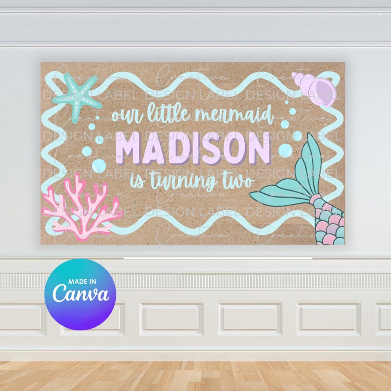 Little Mermaid Birthday Banner | Canva Editable Sign (digital Download ...