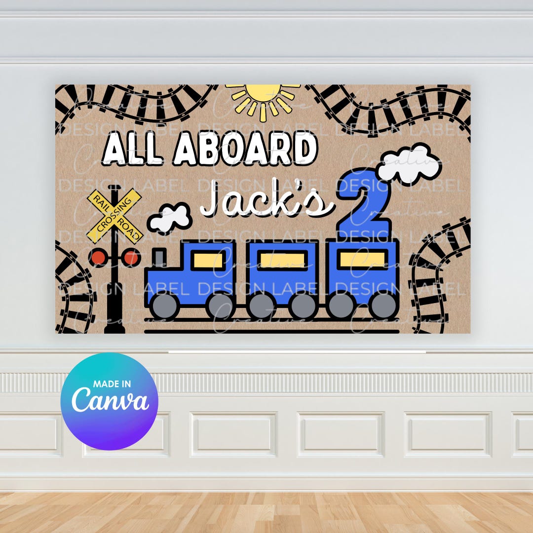 All Aboard Train Birthday Banner | DIY Painted Sign Mockup Editable ...